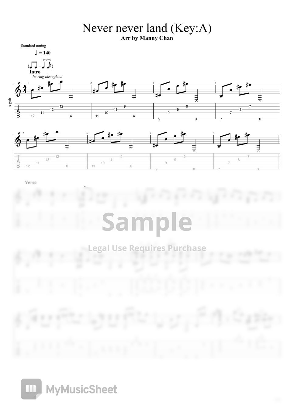 COLLAR - Never Never Land Tab + 단선 악보 by Manny Chan