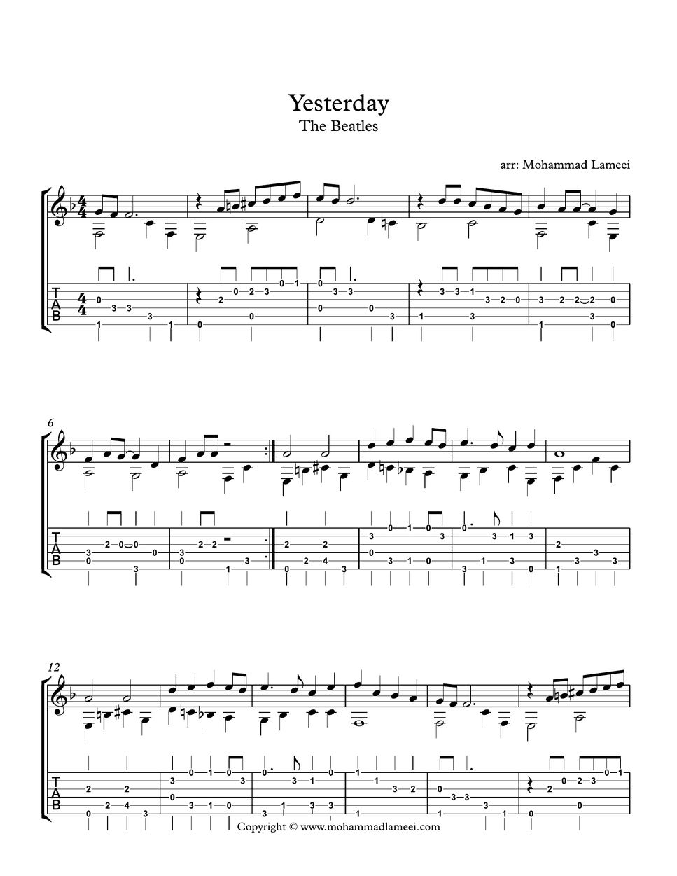 The Beatles - Yesterday Tab + Partition à une seule portée by Mohammad Lameei