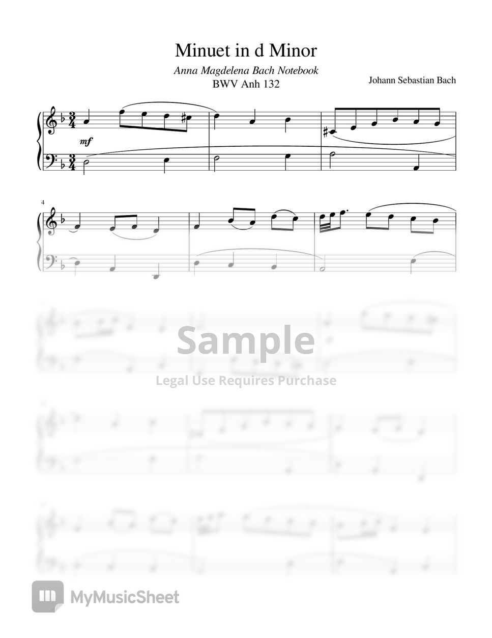 Bach - Bach: Minuet in d Minor (BWV Anh. 132) (For Easy Piano) Sheets by poon