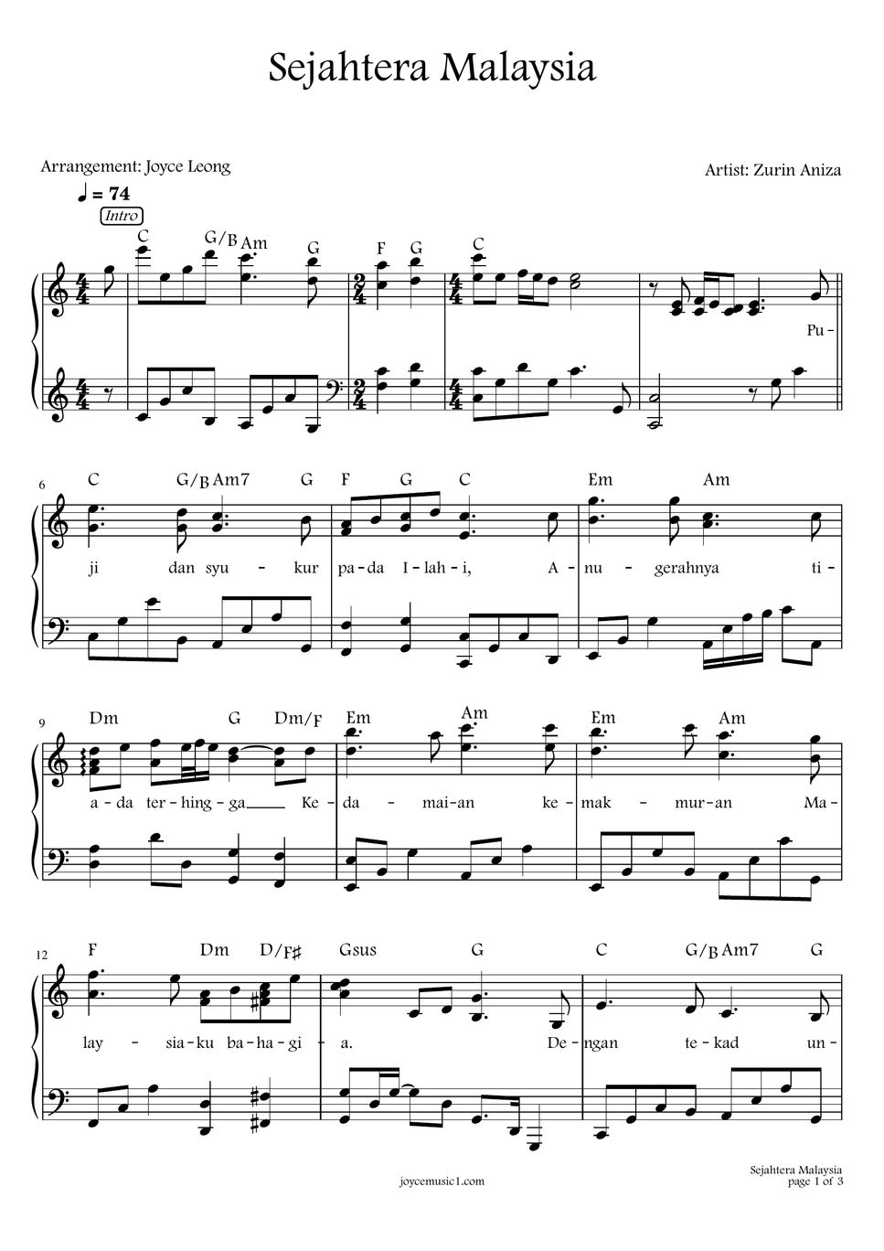 Sejahtera Malaysia Piano Sheet Music PDF | Joyce Leong | mymusic5