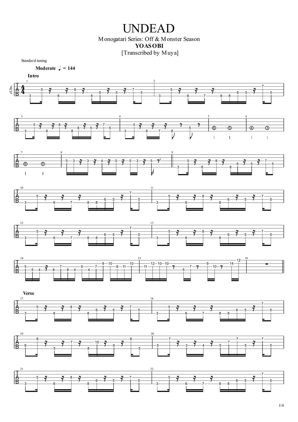 YOASOBI - UNDEAD (Bass TAB) Sheets by Muya
