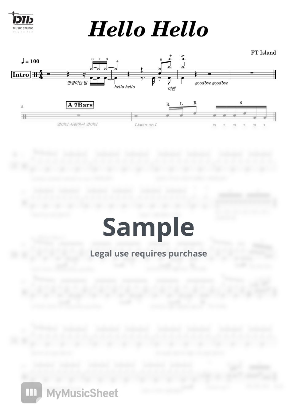 FT 아일랜드 - Hello Hello Sheets by 디티비드럼전문학원