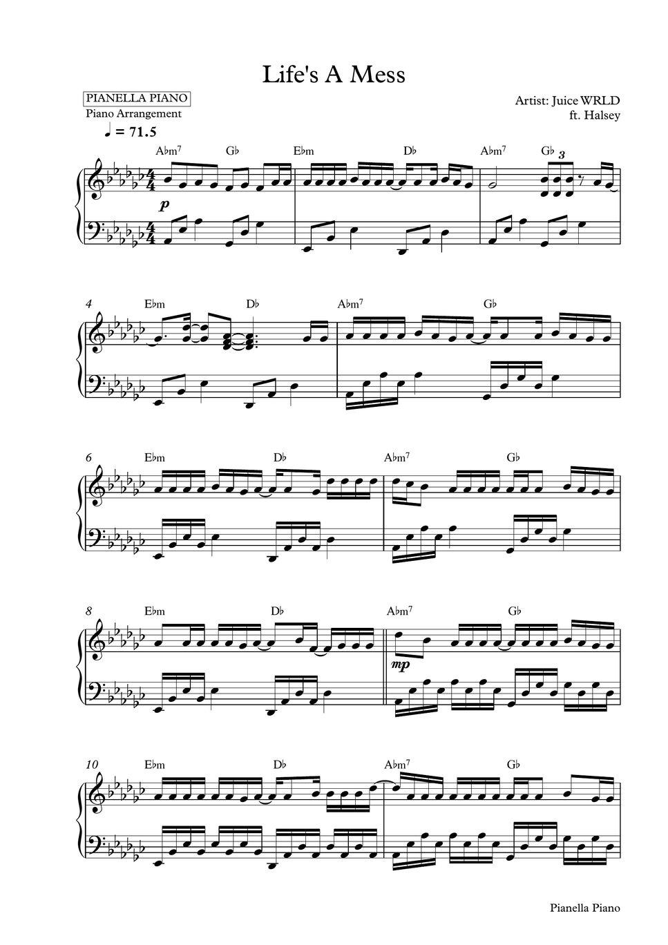 Juice WRLD ft. Halsey - Life's A Mess (Piano Sheet) Sheet by Pianella Piano
