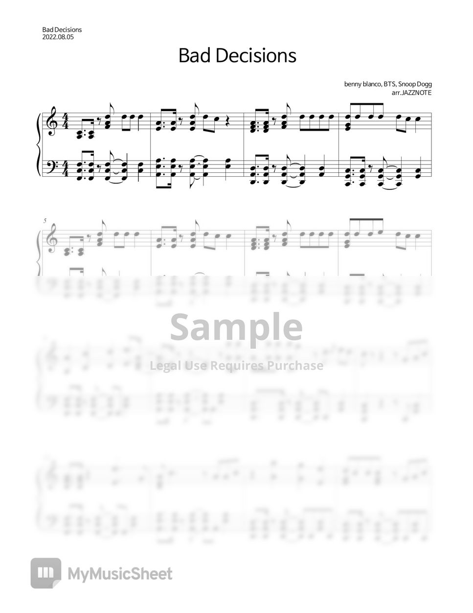 Benny Blanco, BTS Snoop Dogg - Bad Decision 악보 by JAZZNOTE