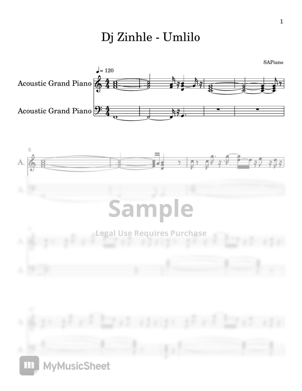 Dj Zinhle - Umlilo (PIANO SHEET) Sheet Music by SA Piano