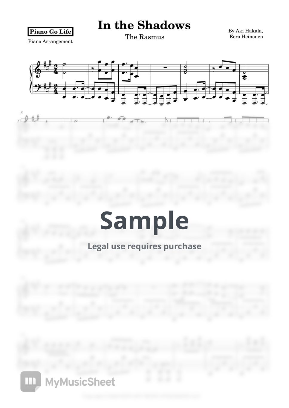 The Rasmus - In the Shadows Sheets by Piano Go Life