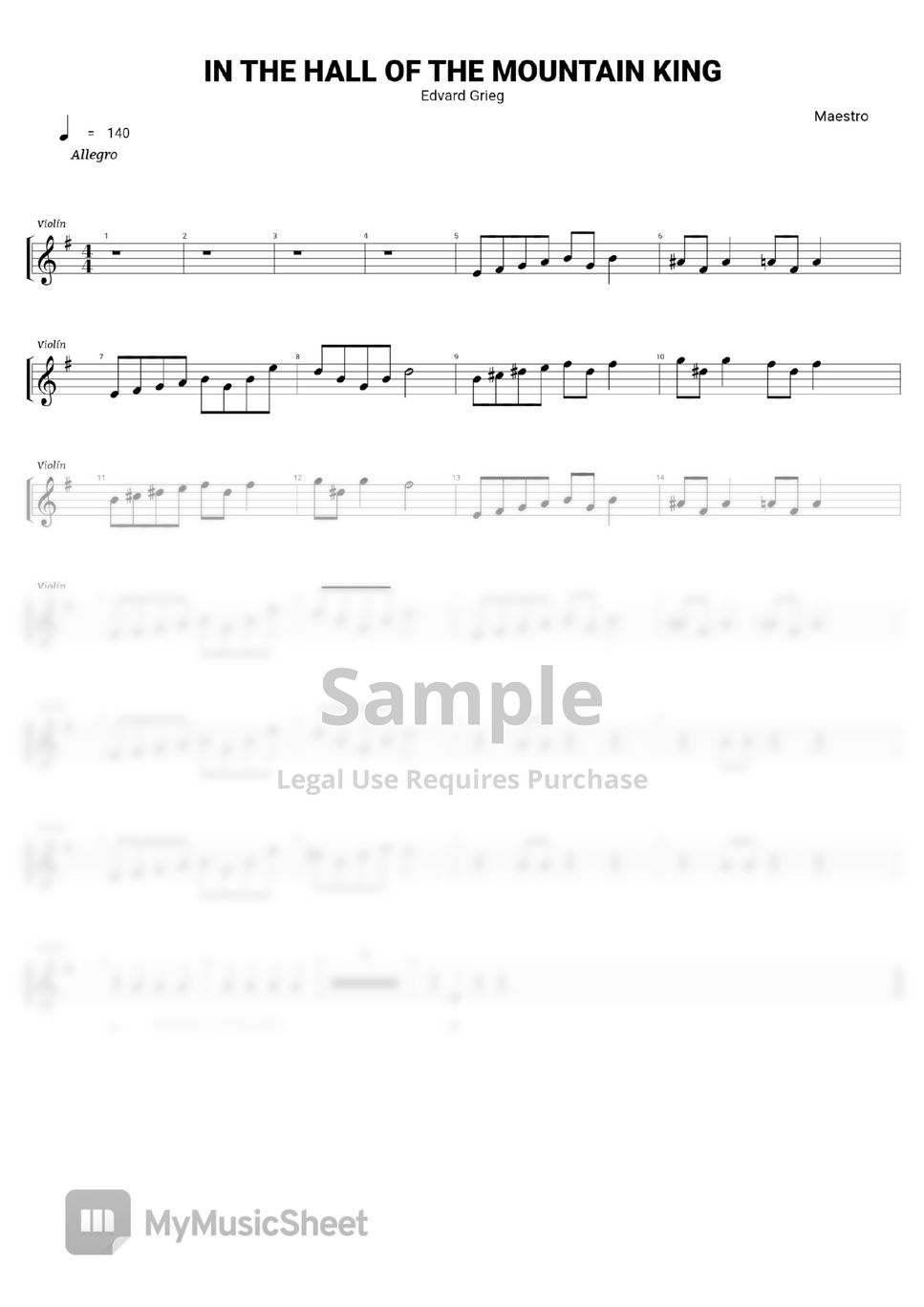 EDVARD GRIEG - IN THE HALL OF THE MOUNTAIN KING Sheet Music by Adela la ...