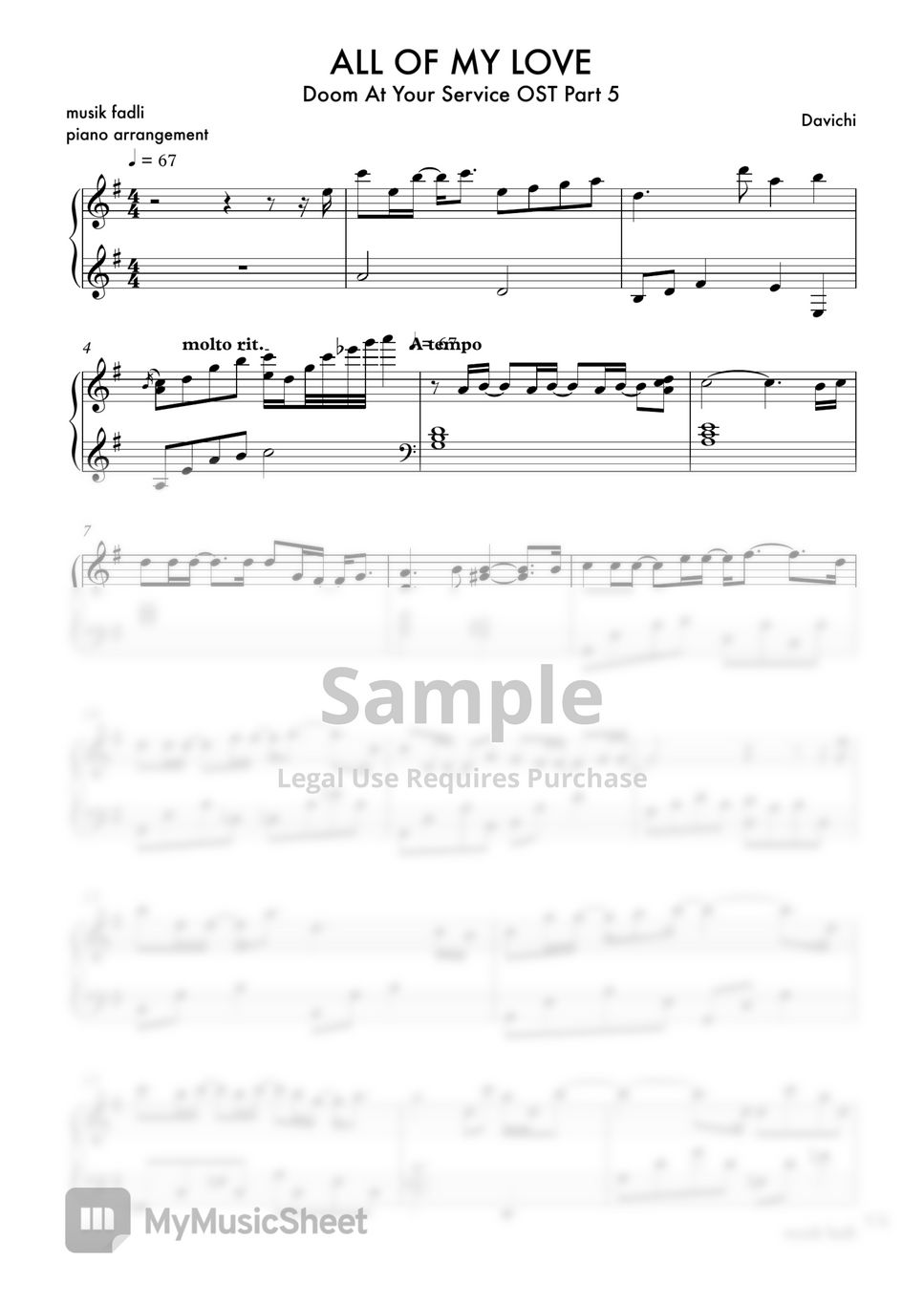 Davichi - All Of My Love (piano) Sheets by musik fadli