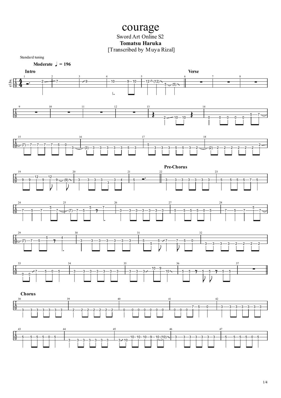 Tomatsu Haruka - courage (Bass TAB) Sheets by Muya