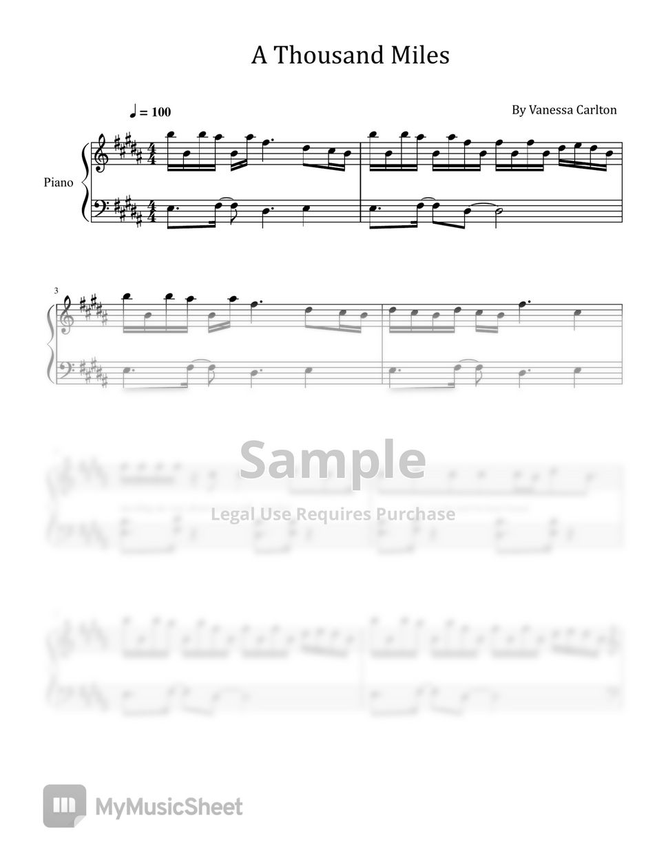 Vanessa Carlton - A Thousand Miles (For Piano Solo - With Lyrics) Sheet ...