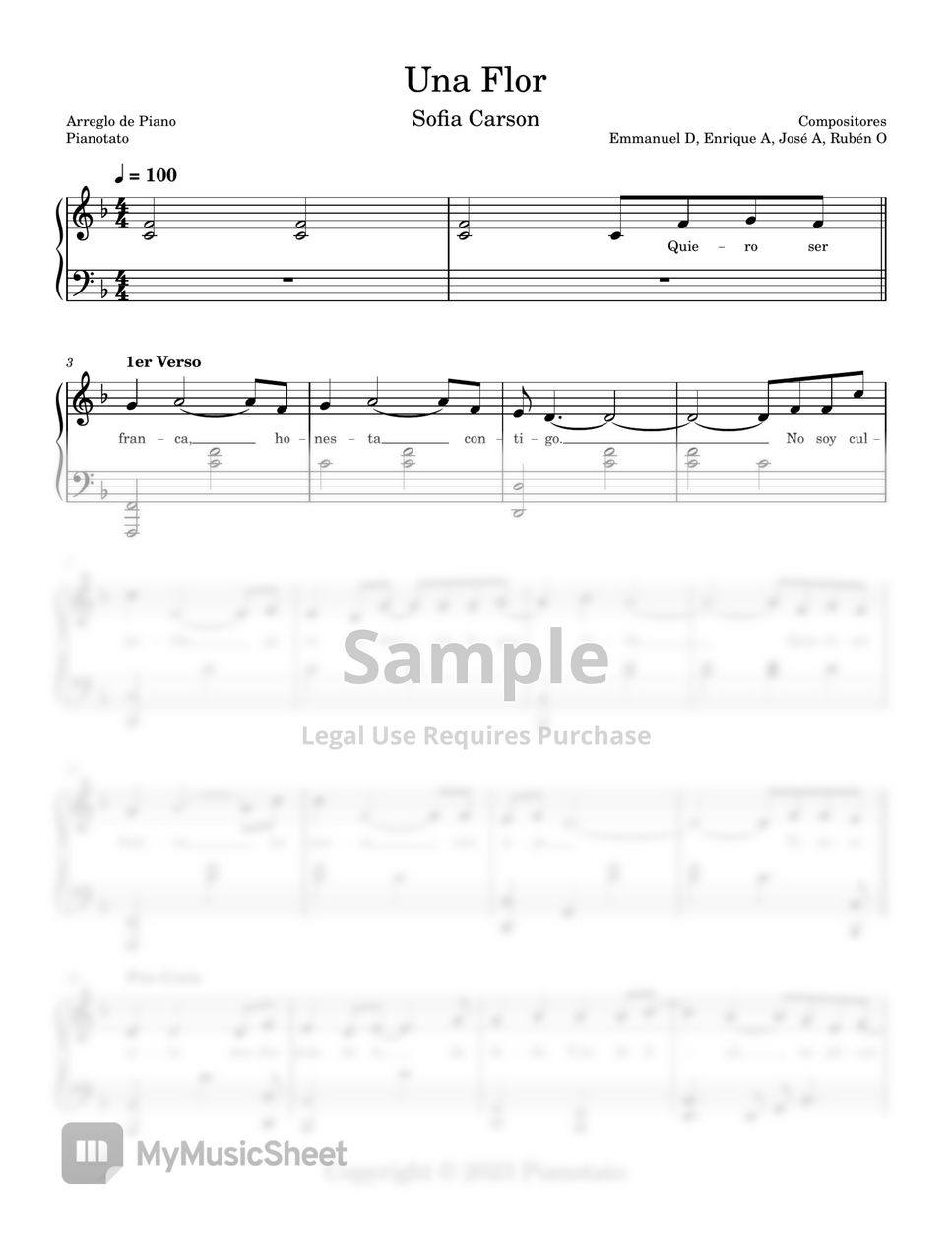 Sofia Carson - Una Flor Sheet Music by Pianotato