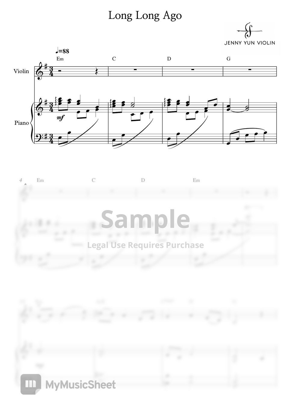 Acoustic Cafe - Long long ago (Violin Solo) Sheets by Jenny Yun