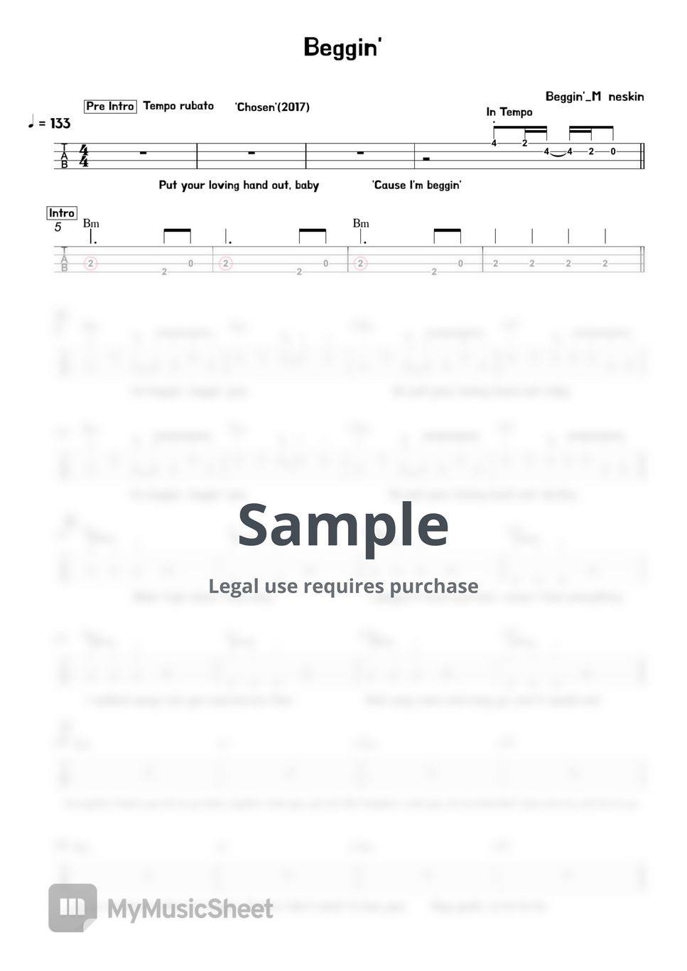 Måneskin - Beggin' Sheet Music by 김미(Kimme)