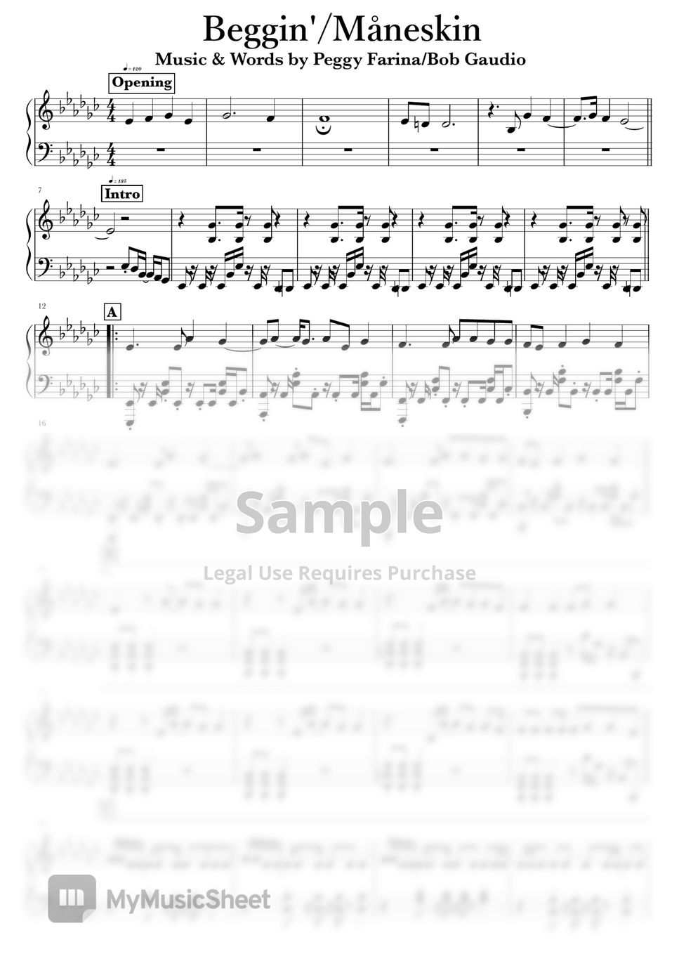 Måneskin - Beggin' 악보 by Eri Nagayama
