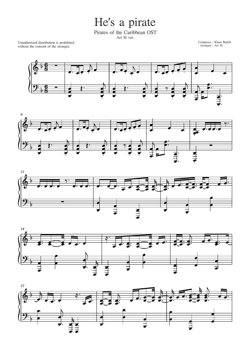 Pirates of the Caribbean OST - He's a pirate(Klaus badelt) 악보 by Ari M