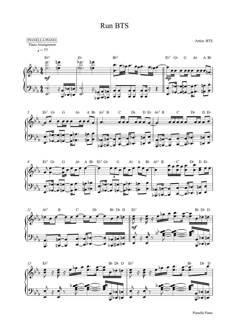 BTS - Run BTS (Piano Sheet + Drum Backing Track) Sheets by Pianella Piano