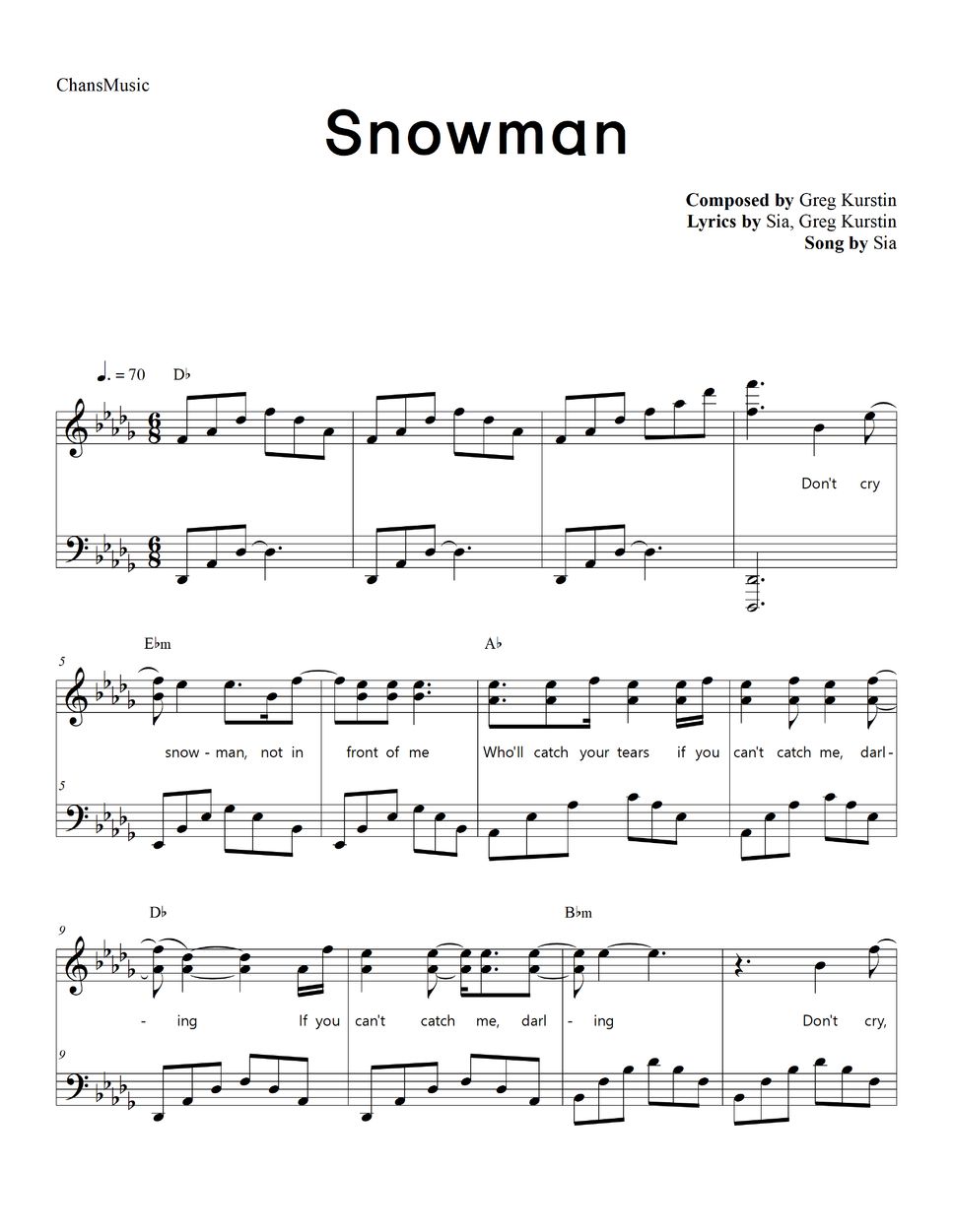 Sia - Snowman (with Lyrics) Sheet by ChansMusic