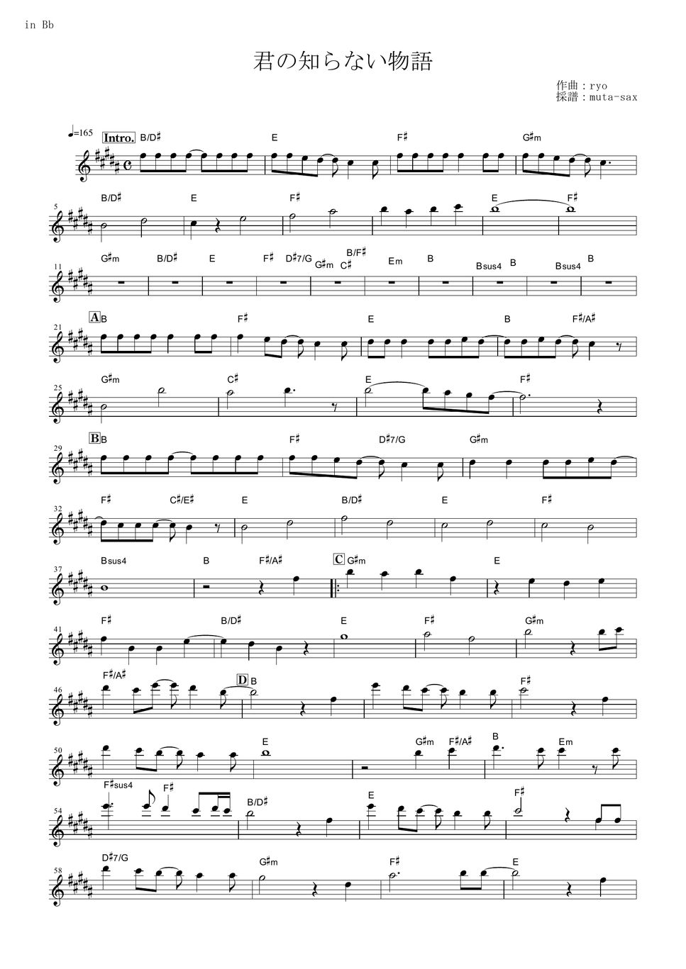 Bakemonogatari - Kimi no Shiranai Monogatari (in Bb) Sheet by supercell
