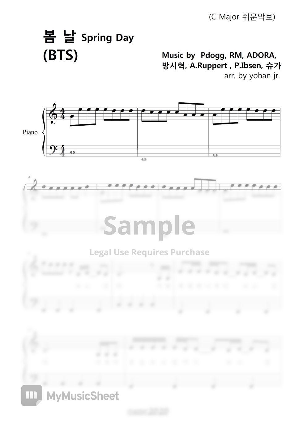 BTS - Spring day in C major (easy piano) Sheet Music by classic2020