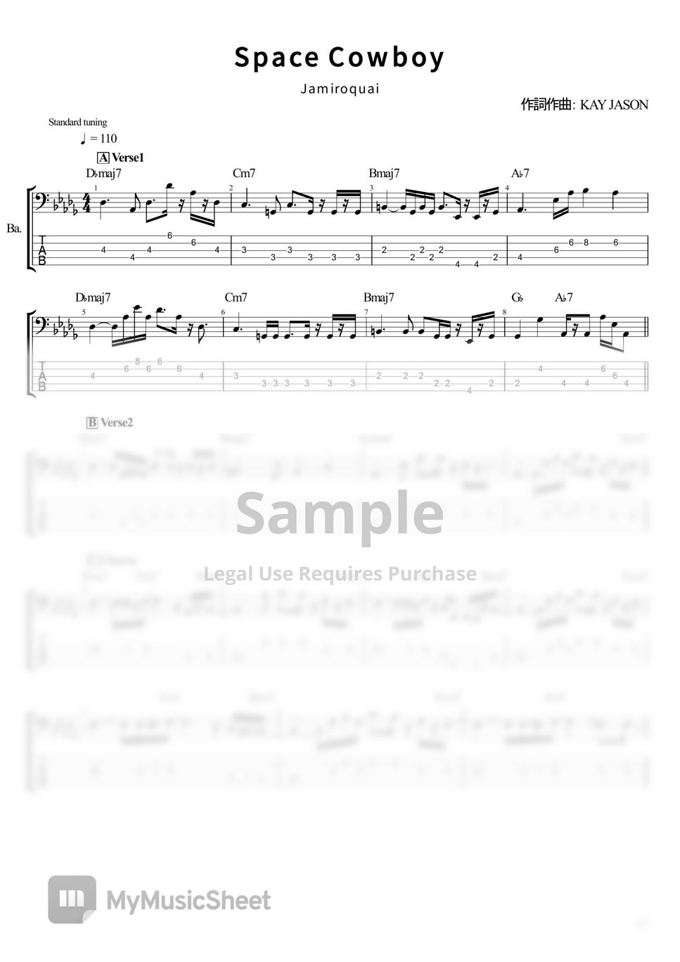 Jamiroquai - Space Cowboy (ベース Tab譜 5弦) Tab + 1staff by T's bass score
