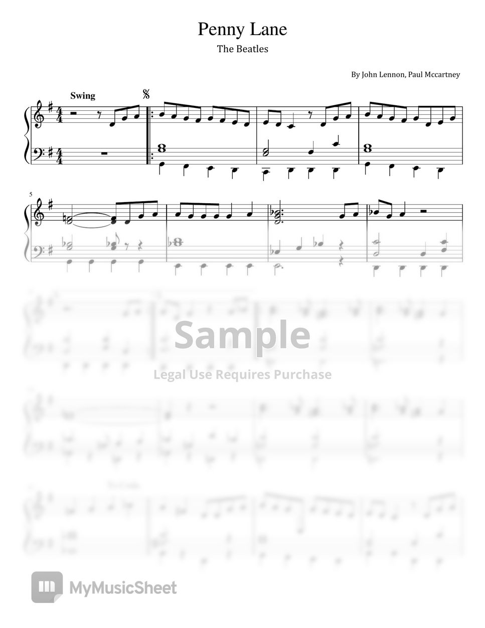 Paul Mccartney, John Lennon - Penny Lane (The Beatles - For Easy Piano) Hoja by poon
