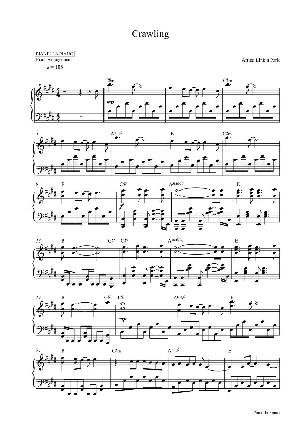 Linkin Park - Crawling (Piano Sheet) Notenblatt by Pianella Piano