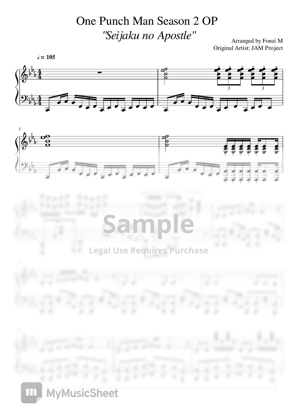 JAM Project - One Punch Man Season 2 OP - "Seijaku no Apostle" Sheet Music by Fonzi M
