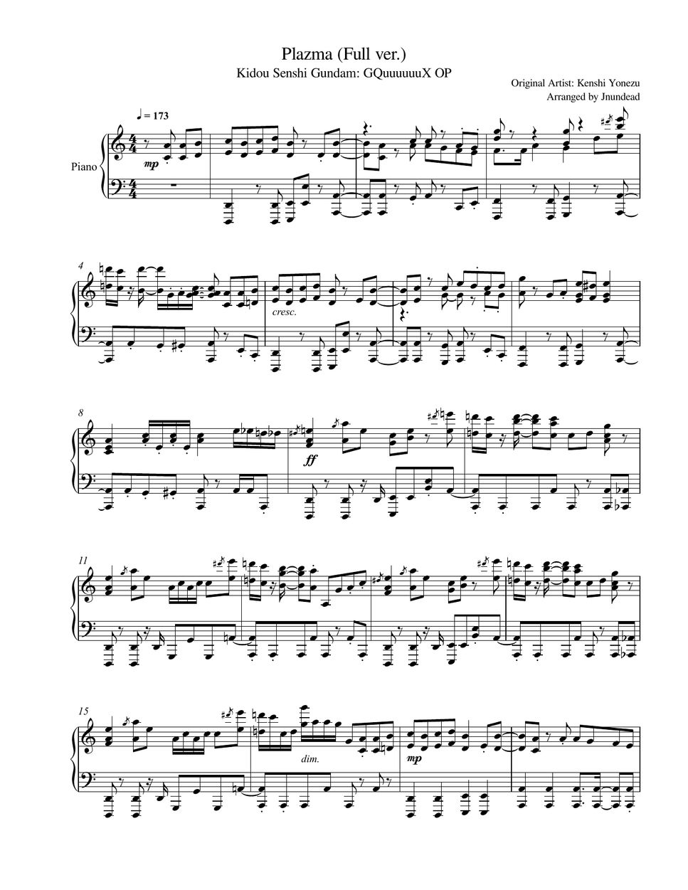 Kenshi Yonezu - Plazma (Full ver.) Sheet Music by Jnundead