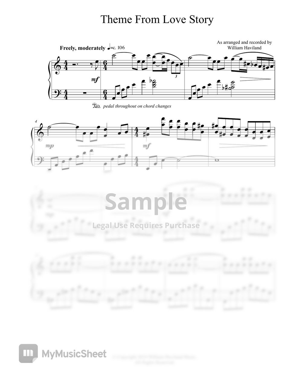 Francis Lai Theme From Love Story Solo Piano Sheets By William Haviland