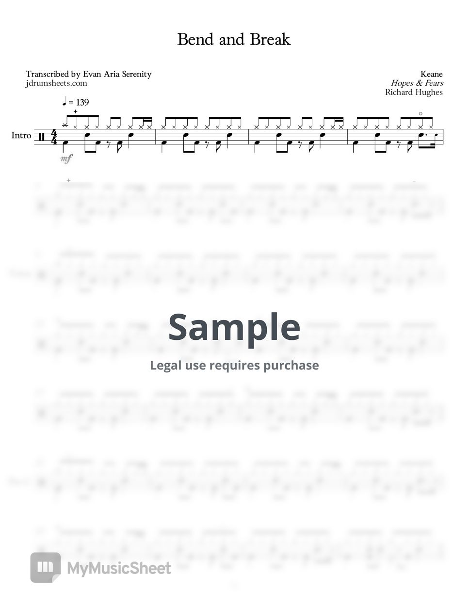 Keane - Bend and Break 악보 by Jaslow Drum Sheets