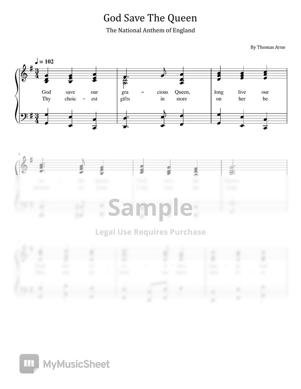 Thomas Arne - God Save The Queen (For Easy Piano - With Lyrics) Sheets ...