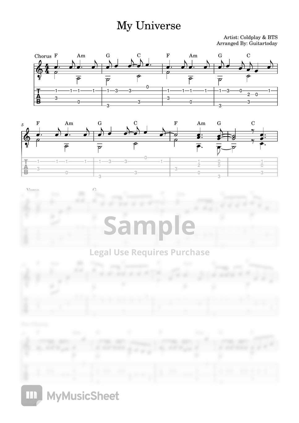 Coldplay & BTS - My Universe Tab + 단선 악보 by FingerstyleGuitarToday