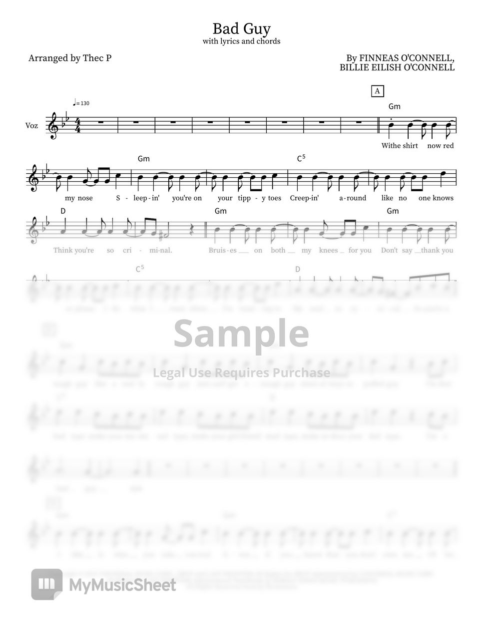 Billie Eilish - Bad guy ((with chords and lyrics)) 악보 by Thec P|Pablo ...