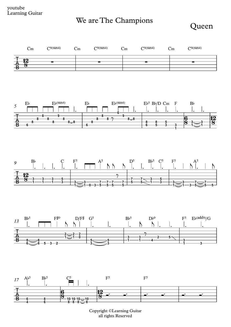 Queen - We Are The Champions (Guitar TAB) TAB by Learning Guitar