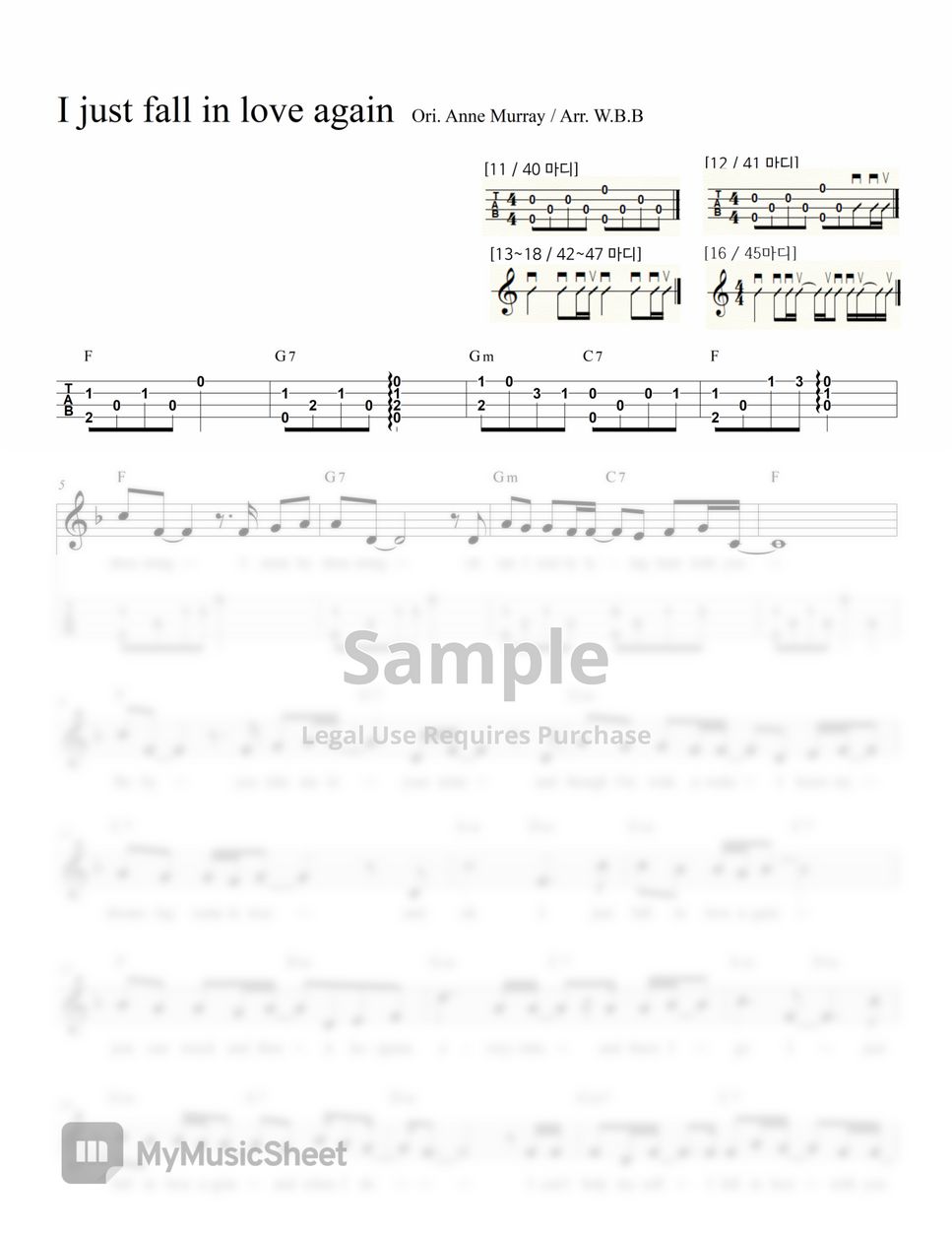 Anne Murray - I just fall in love again (F Key) 악보 by WBB