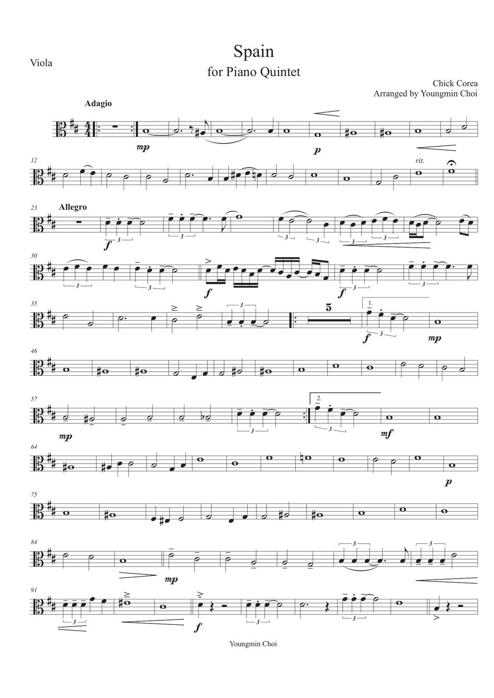 Chick Corea - Spain (피아노오중주/최영민편곡) Sheets by 최영민