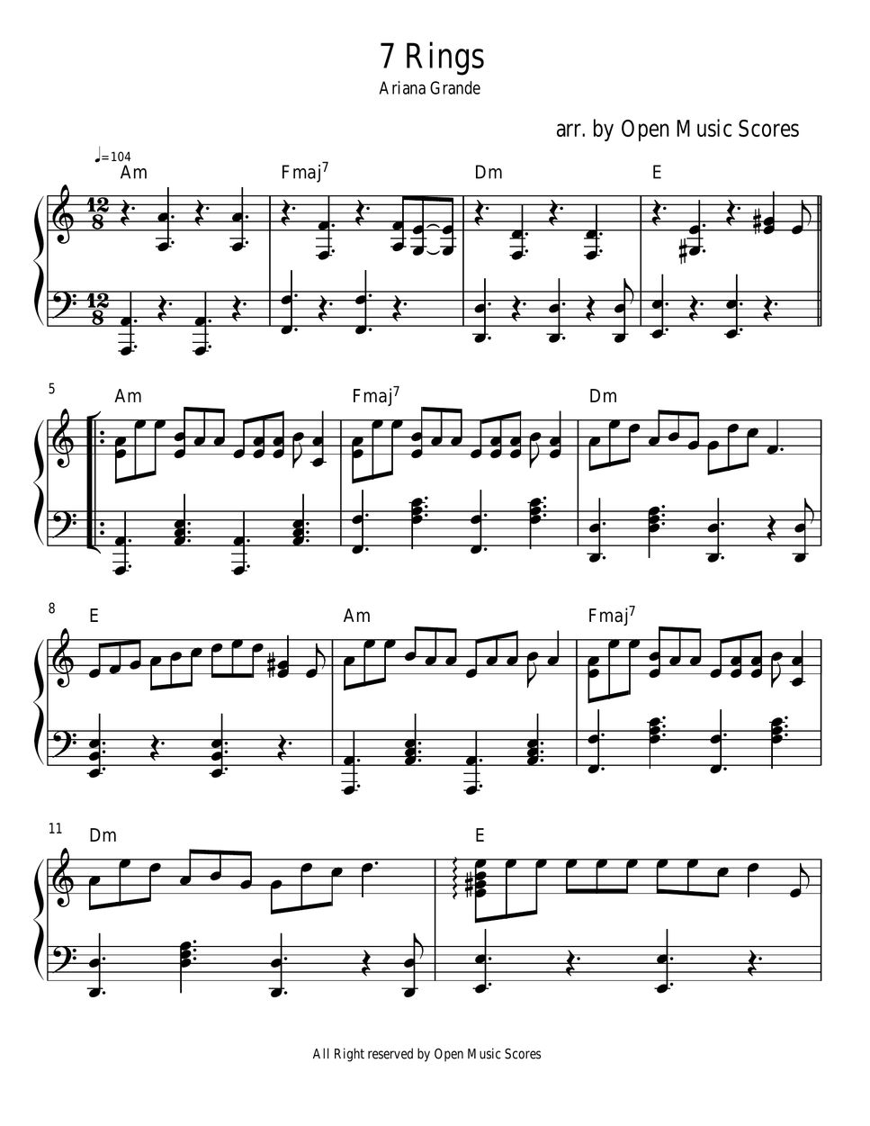 Ariana Grande - 7 Rings( Easy Piano0 Sheets by Open Music Scores