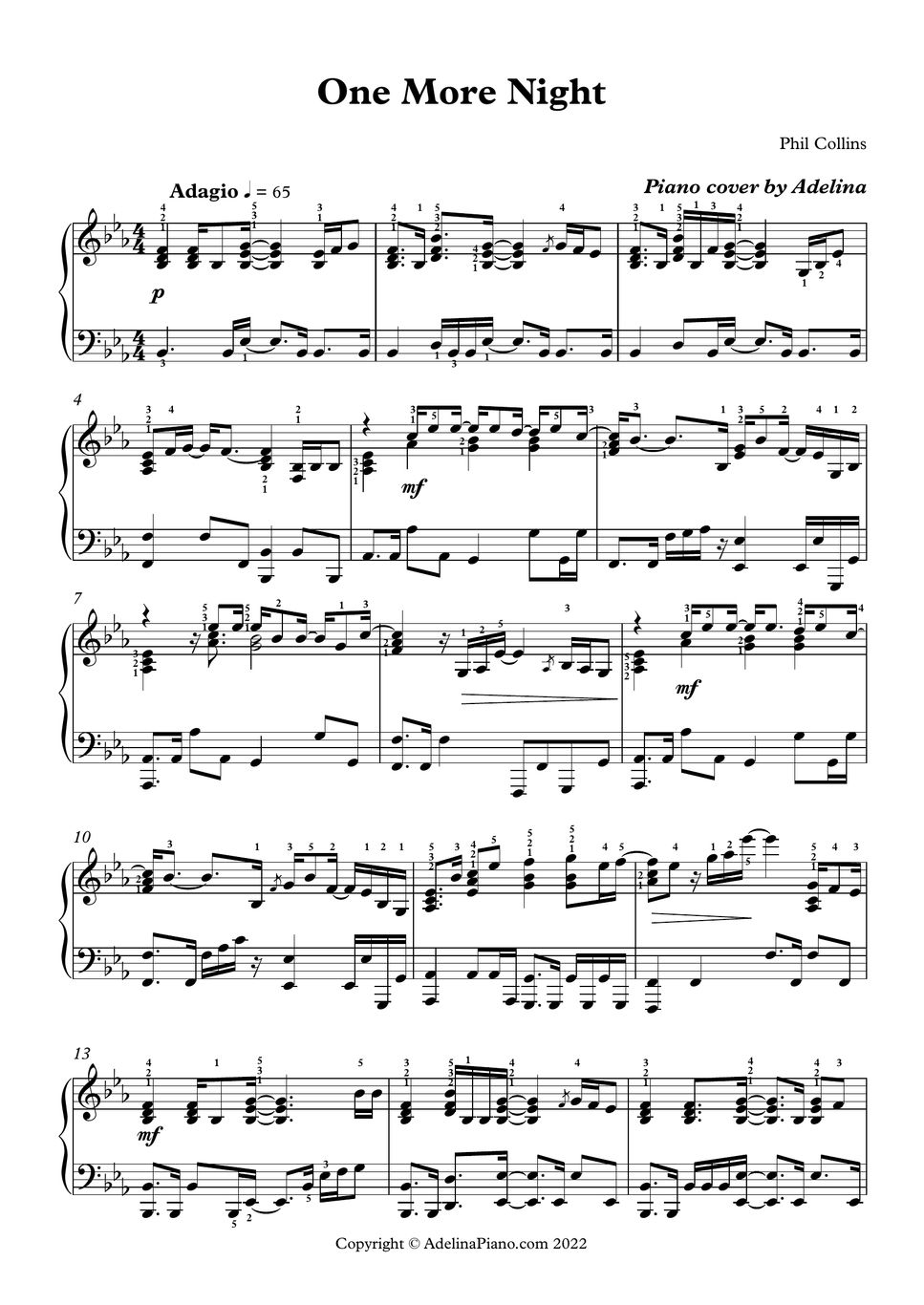 Phil Collins - One More Night Sheet by Adelina Piano