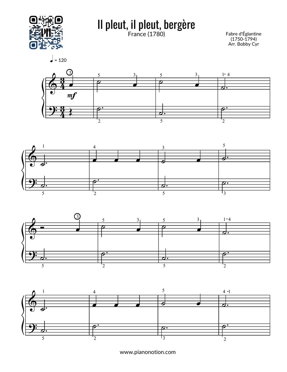 Fabre d'Églantine - Il pleut, il pleut, bergère (Piano Solo) Sheets by ...