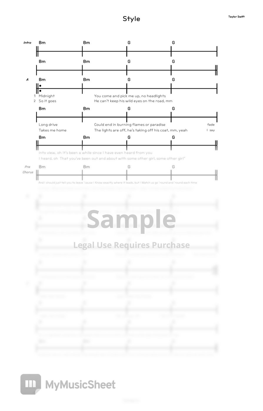 Taylor Swift - Style (chord lyrics + Tab) Sheets by @yundy_tm