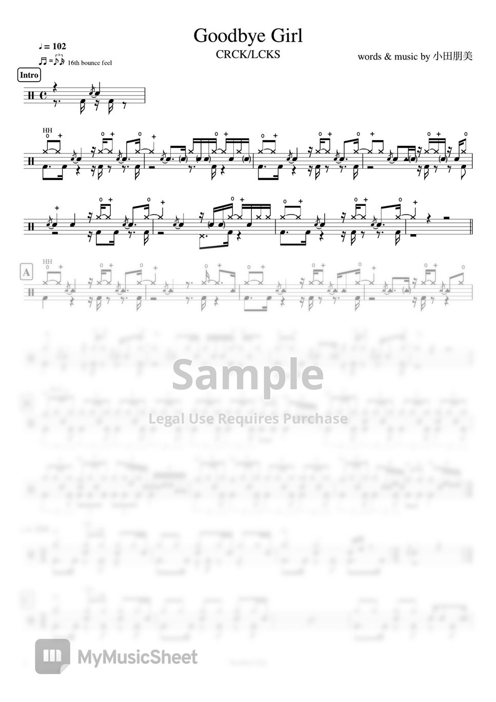 CRCK/LCKS - Goodbye Girl Sheet Music by Cookai's J-pop Drum sheet music!!!