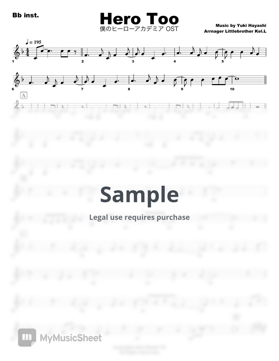 Yuki Hayashi - Hero Too - 僕のヒーローアカデミア OST (C/ Bb/ F/ Eb キー樂譜) 악보 by Littlebrother Kel.L