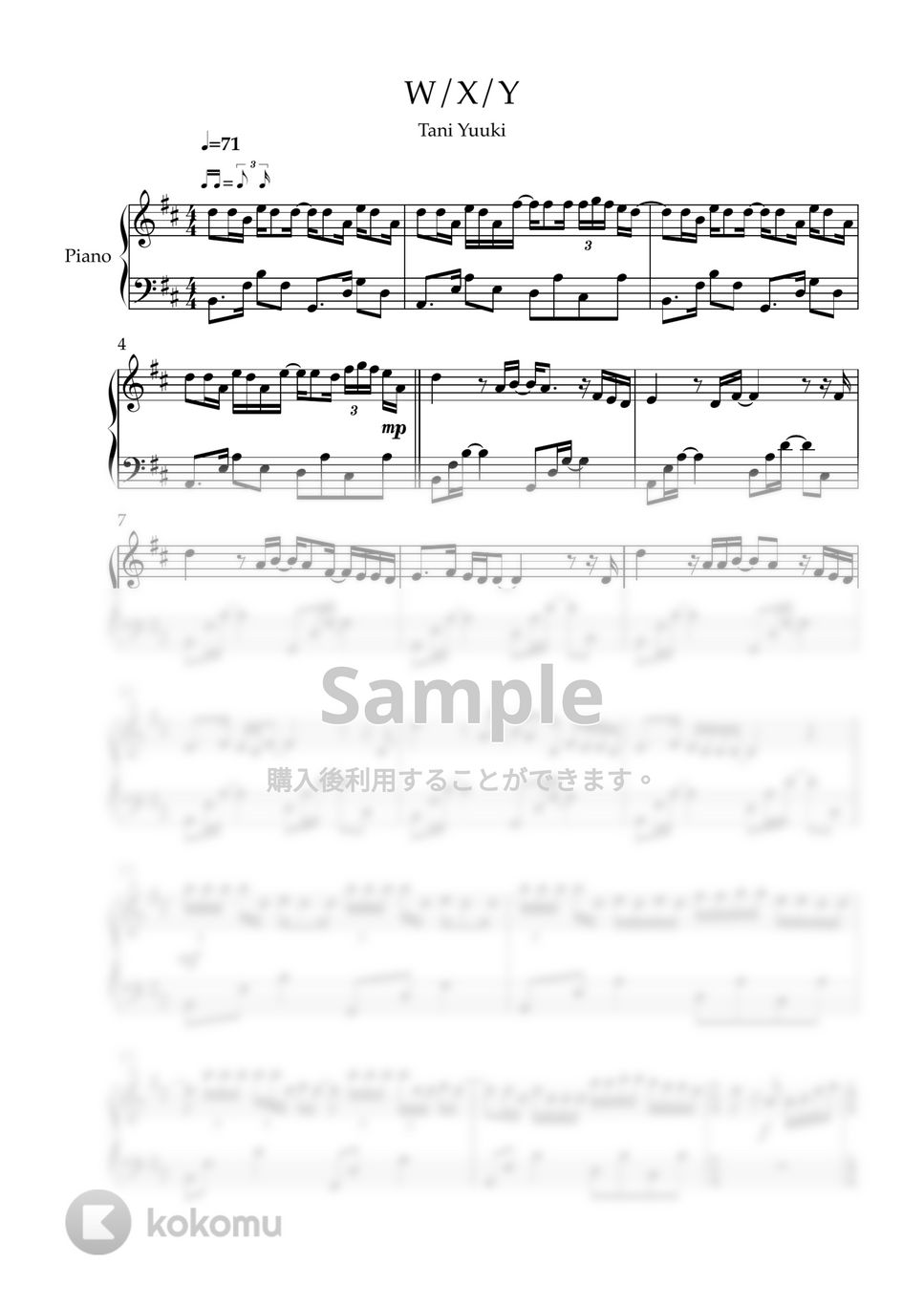 Tani Yuuki - W/X/Y 楽譜 by ハルゴナのピアノ部屋