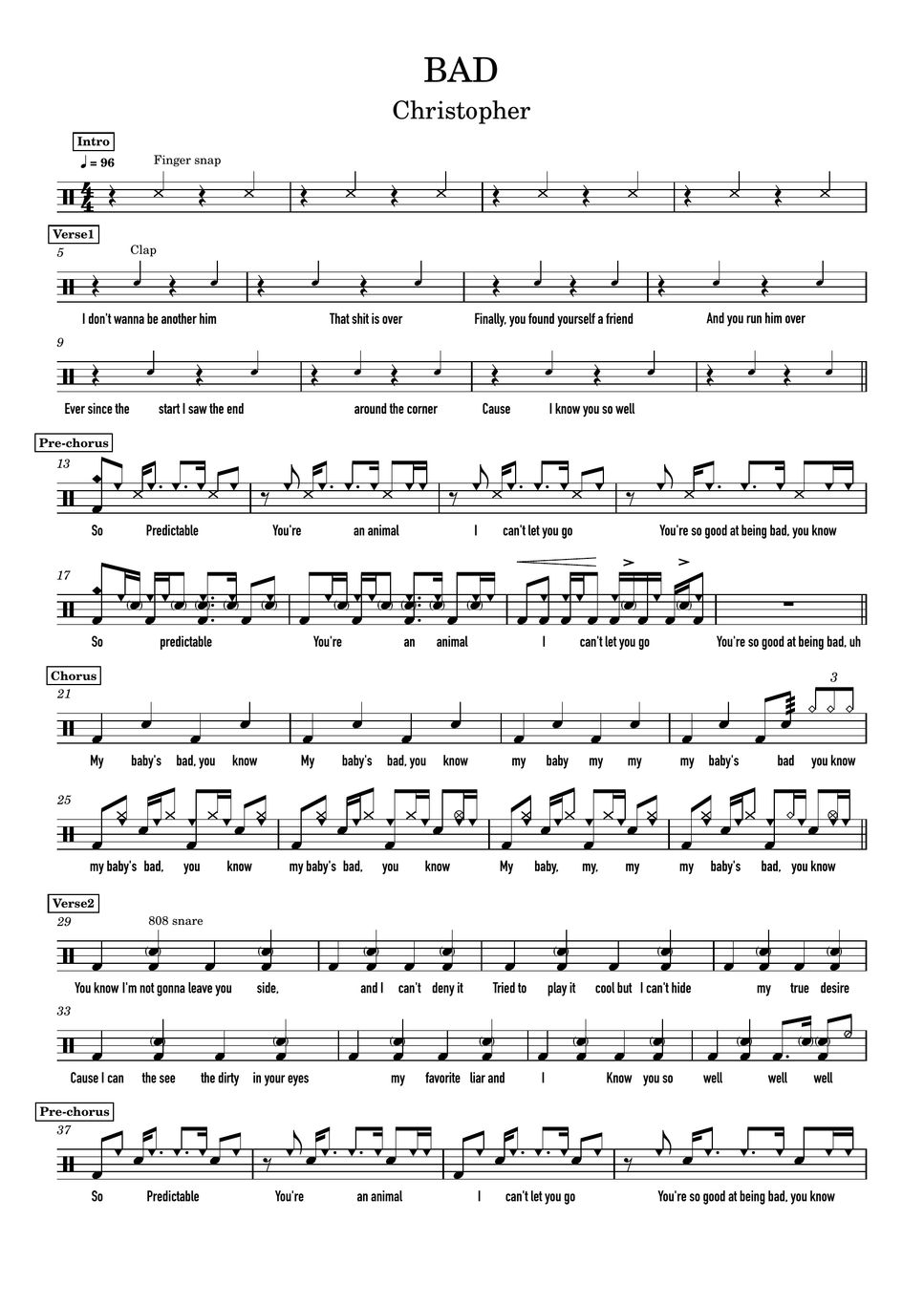 Christopher - BAD (드럼악보 / drumscore / 가사포함 / lyrics) Sheet by 윤민제