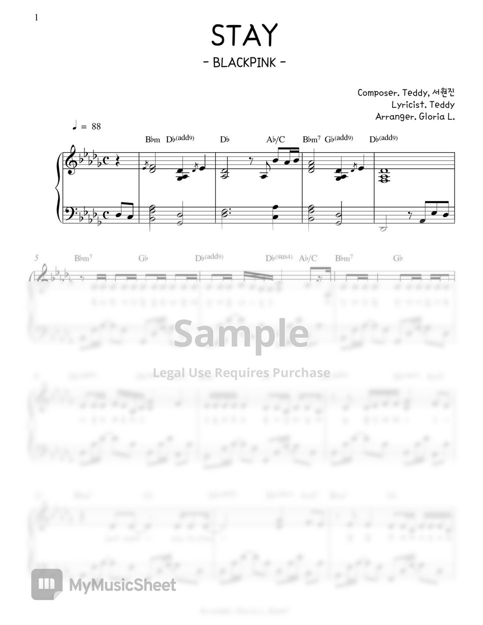 BLACKPINK (블랙핑크) - STAY Piano Sheet by. Gloria L. 악보
