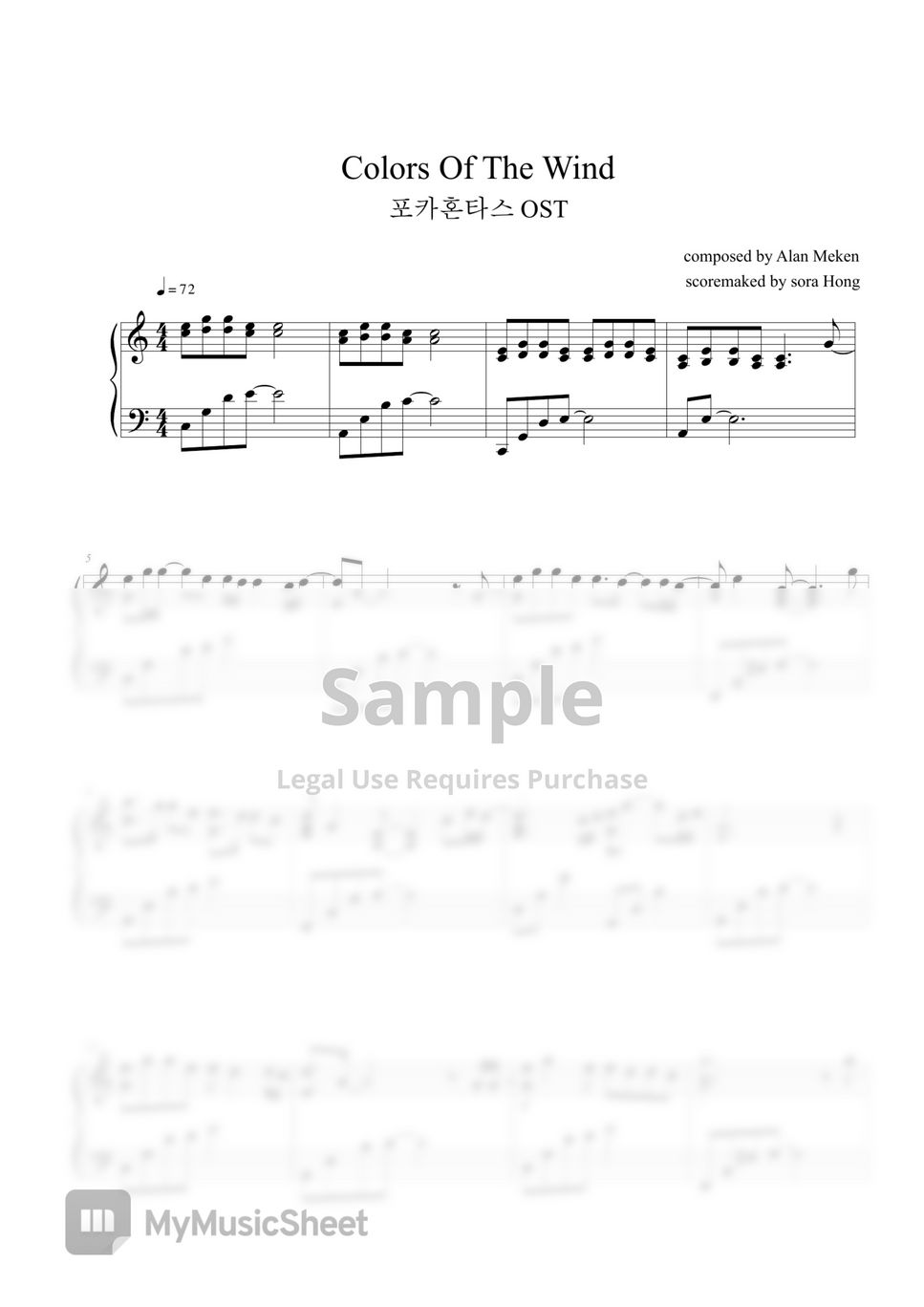 Disney Pocahontas(포카혼타스) OST - Colors Of The Wind (PianoCover) Sheet ...