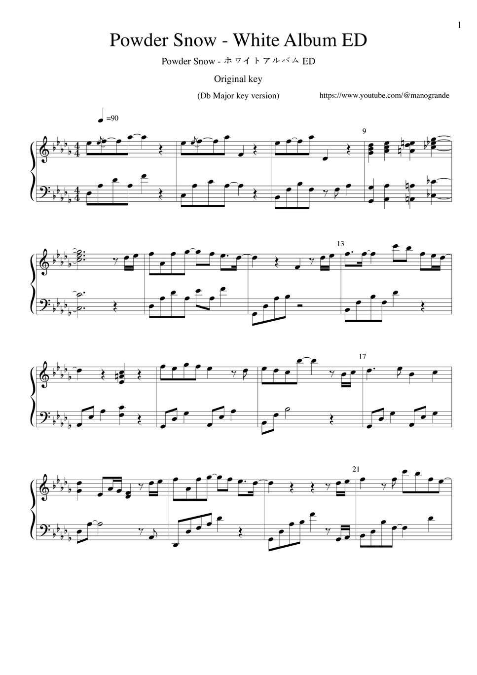 White Album - Powder Snow ( Original Key) Sheet Music by manogrande