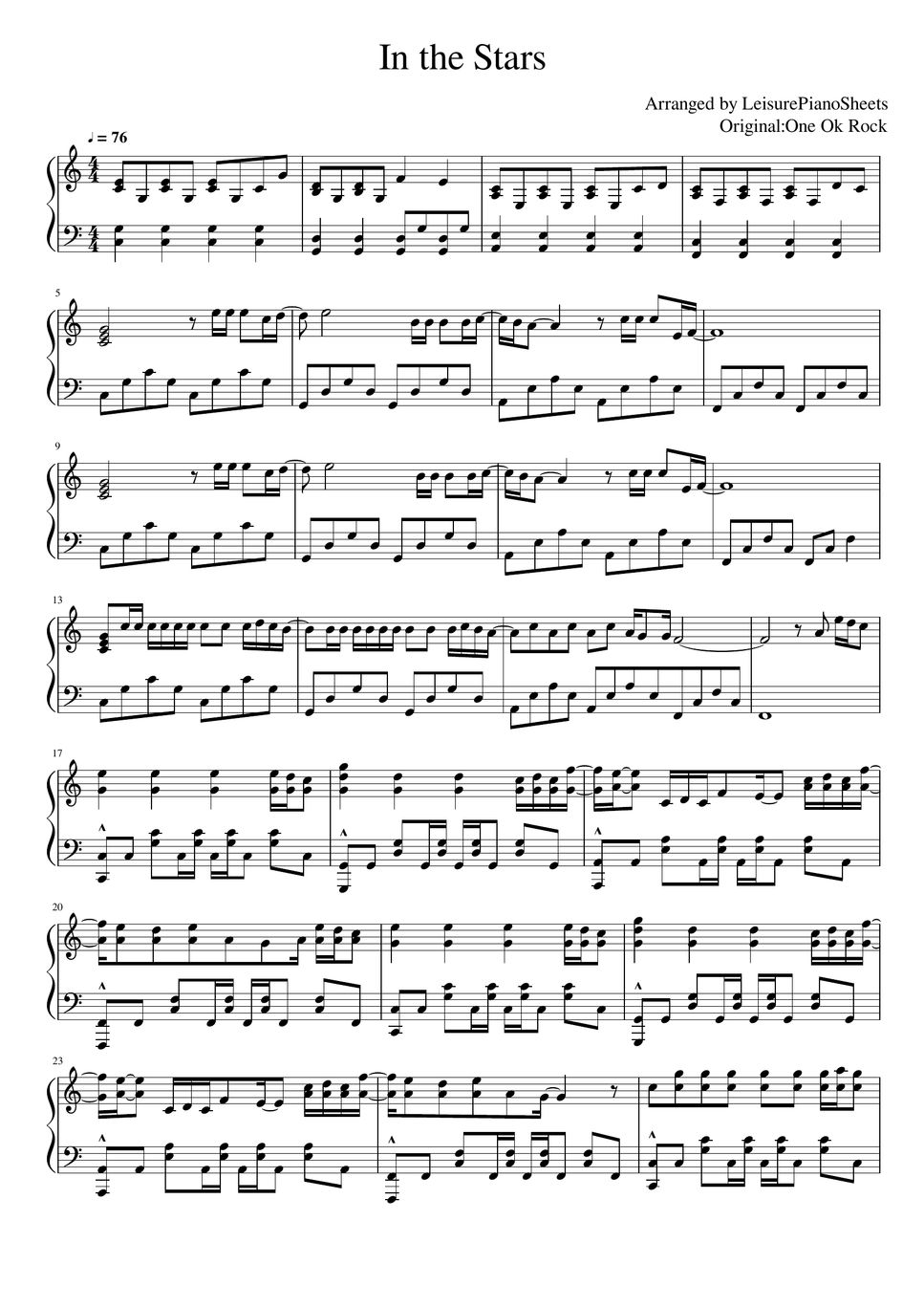 ONE OK ROCK - In The Stars Sheet by Leisure Piano Sheets