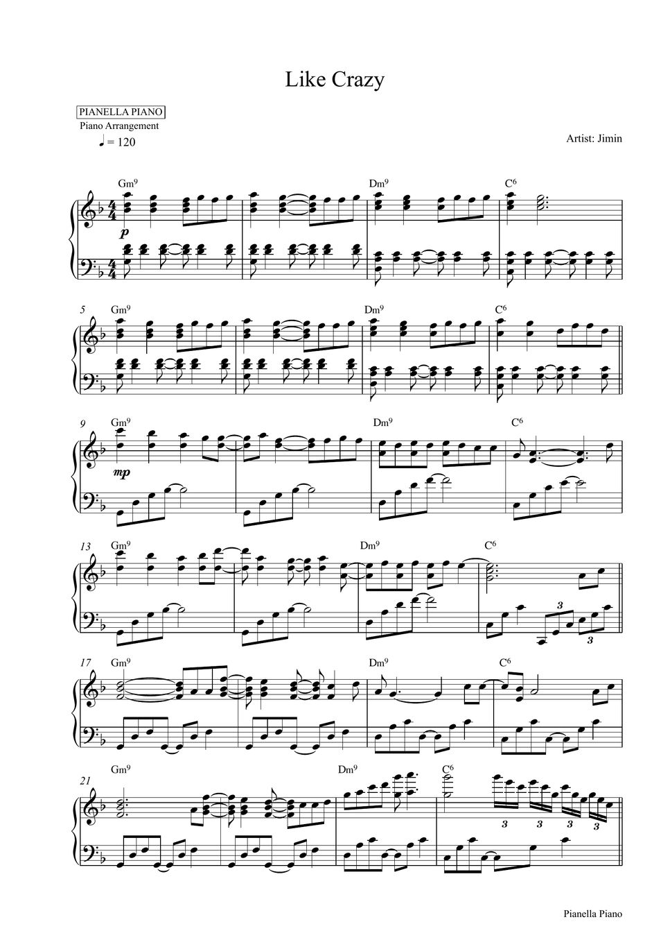 BTS Jimin - Like Crazy (Piano Sheet) 악보 by Pianella Piano