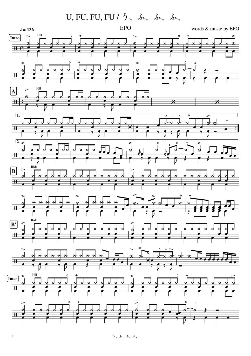 EPO - U, FU, FU, FU / う、ふ、ふ、ふ、 Sheet by Cookai's J-pop Drum sheet music!!!